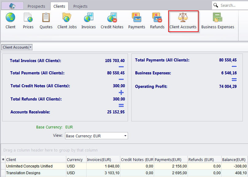 Balance of Clients window