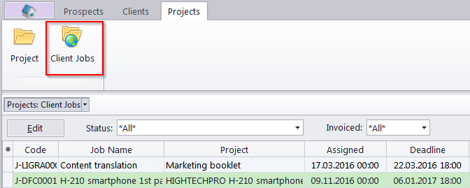 Client Jobs window