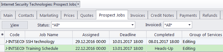 Prospect Jobs Tab of Prospect Window
