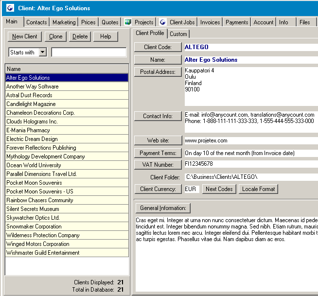 Main page of the Client window